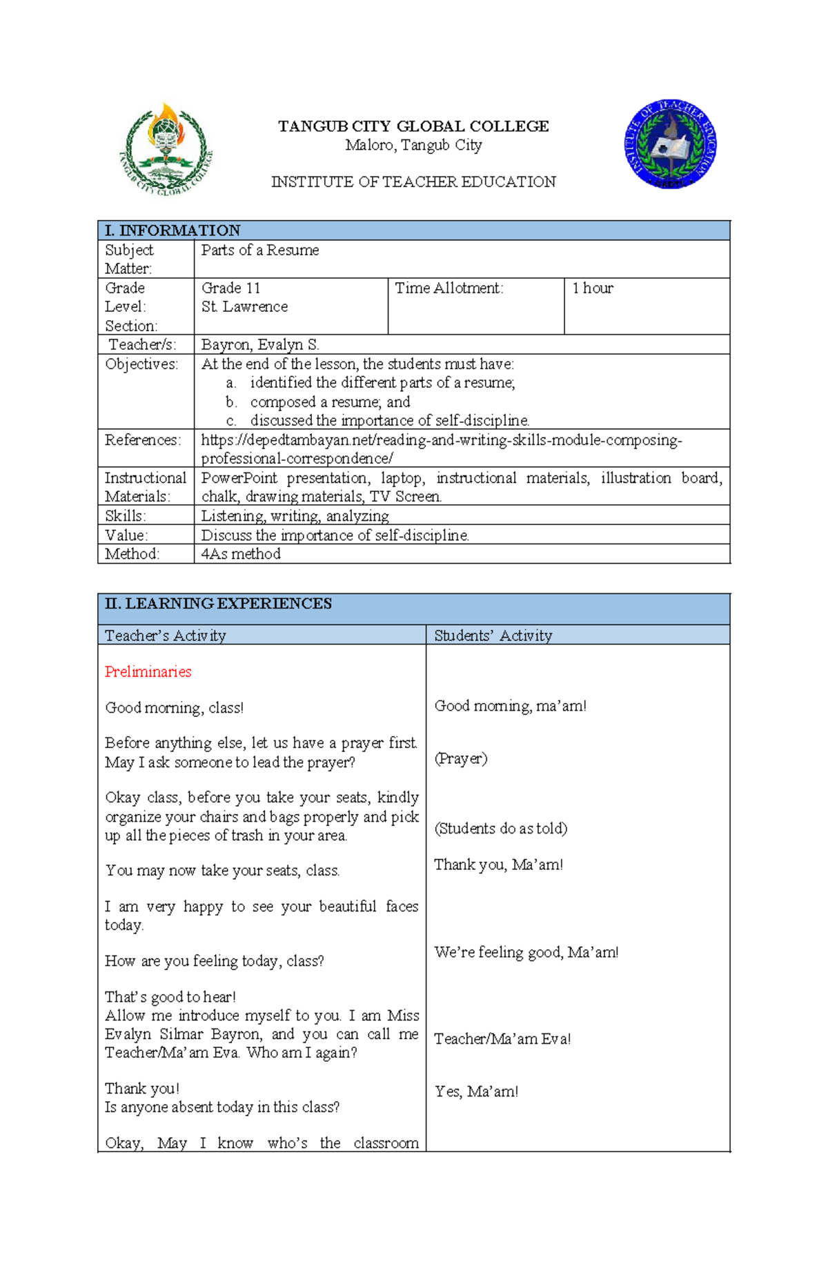 4As Lesson Plan: Understanding the Parts of a Resume (Grade 11) - Studocu