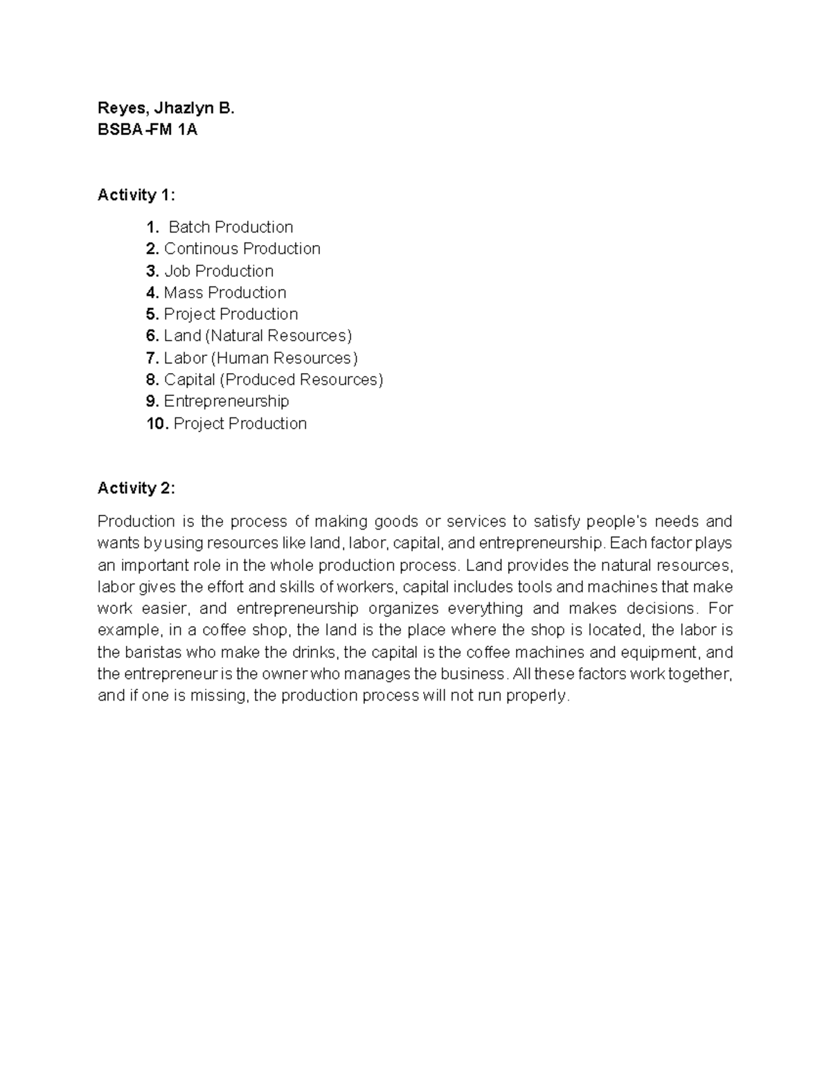 Basic Microeconomics: Production Factors & Processes (1A Activity 1 ...