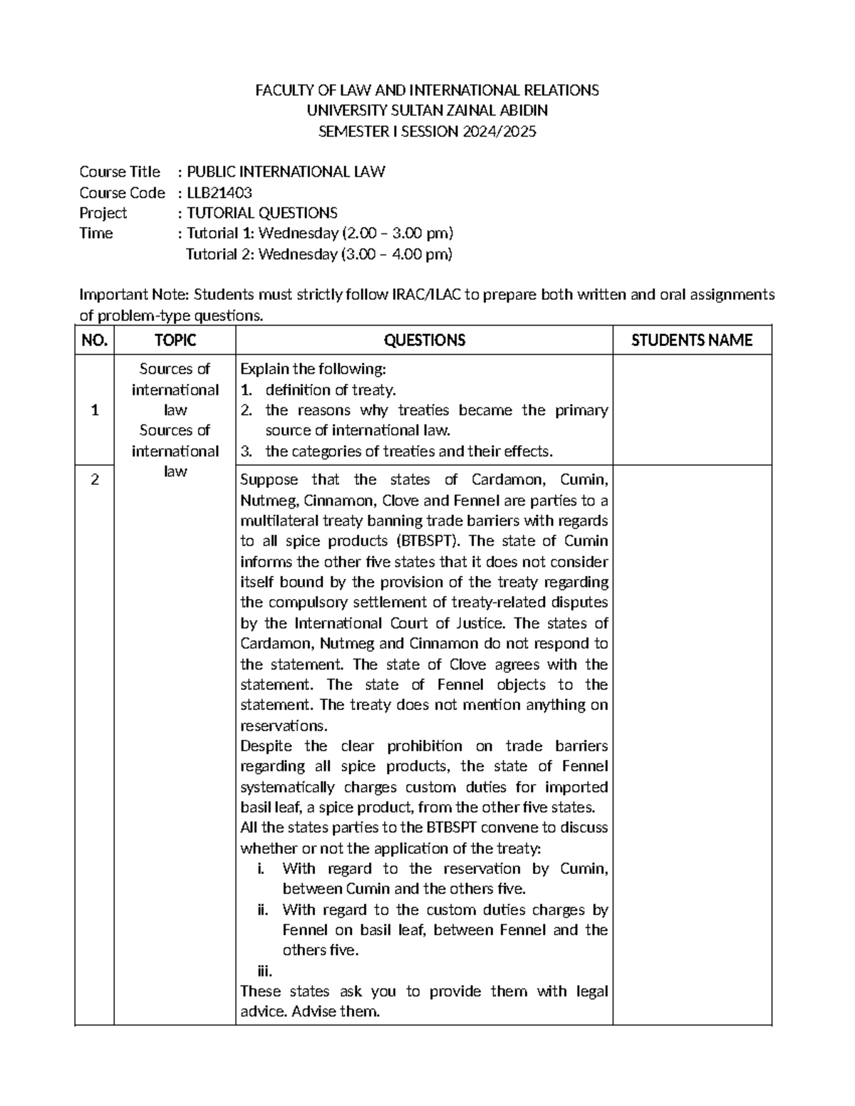 PIL 2024 Tutorial Questions new 3 - FACULTY OF LAW AND INTERNATIONAL ...