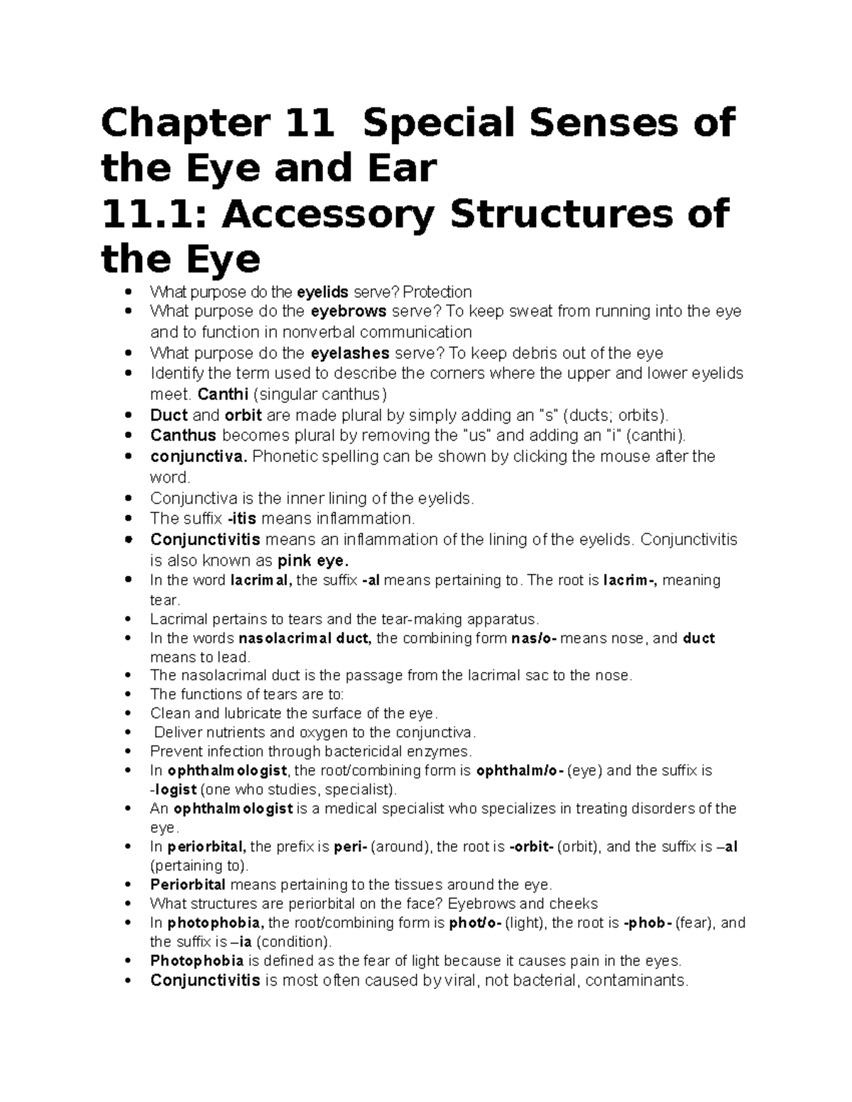 Chapter 11 Med Term Notes - Chapter 11 Special Senses of the Eye and ...
