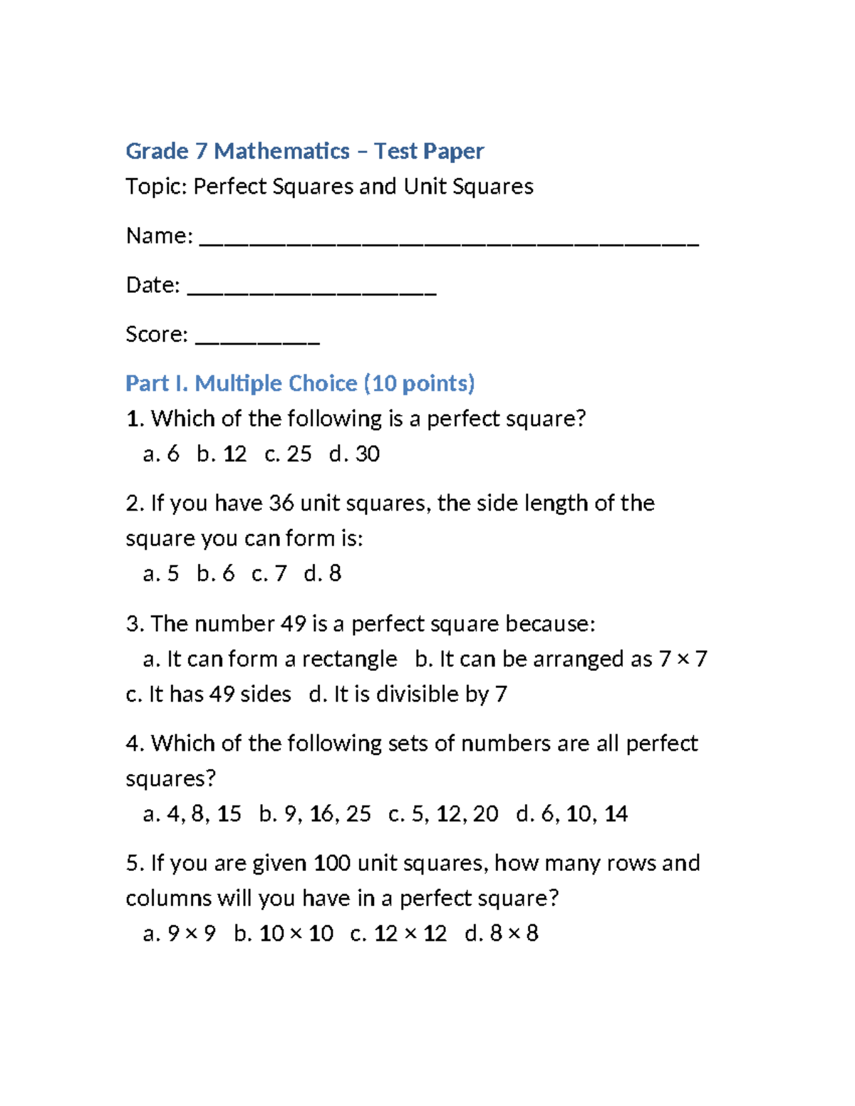 Grade 7 Math Test: Perfect Squares & Unit Squares (Q2 W1) - Studocu