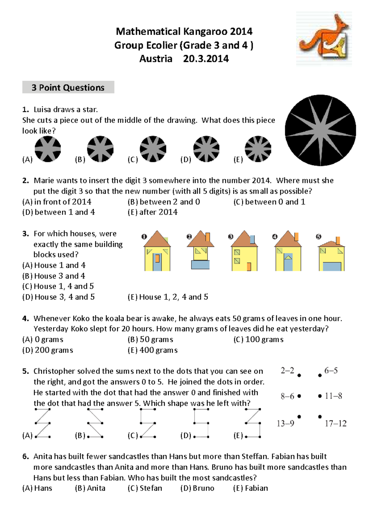 Mathematical Kangaroo 2014: Ecolier Grade 3 & 4 Questions - Studocu