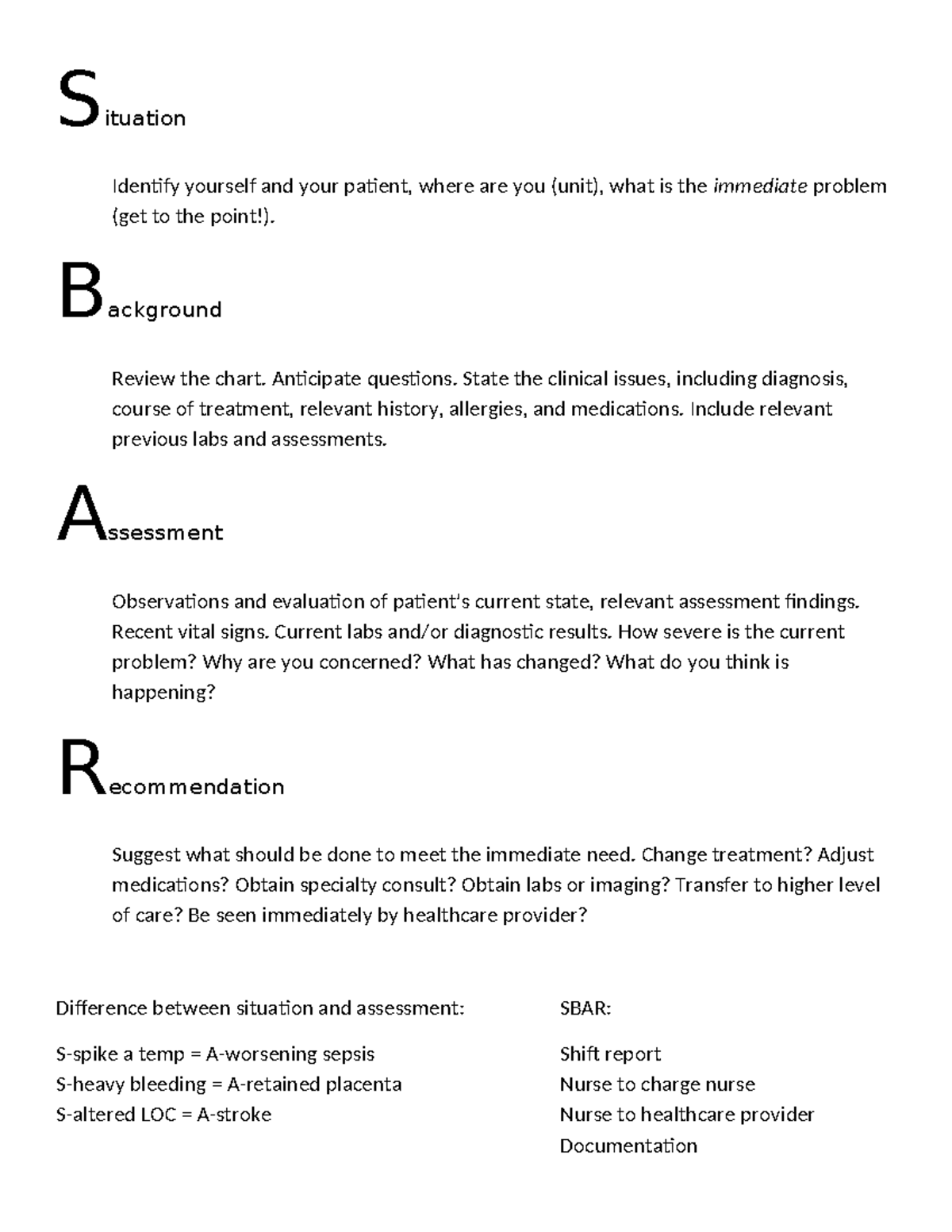 SBAR Report: Patient Assessment & Recommendations for Care - Studocu