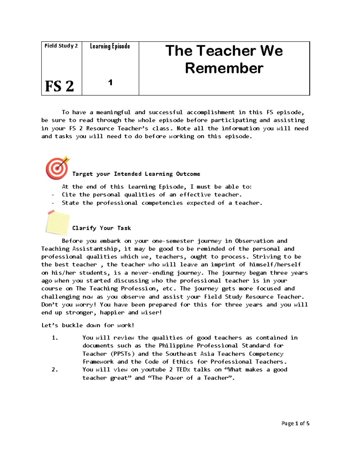 Field Study 2: Learning Episode 1 - The Teacher We Remember - Studocu