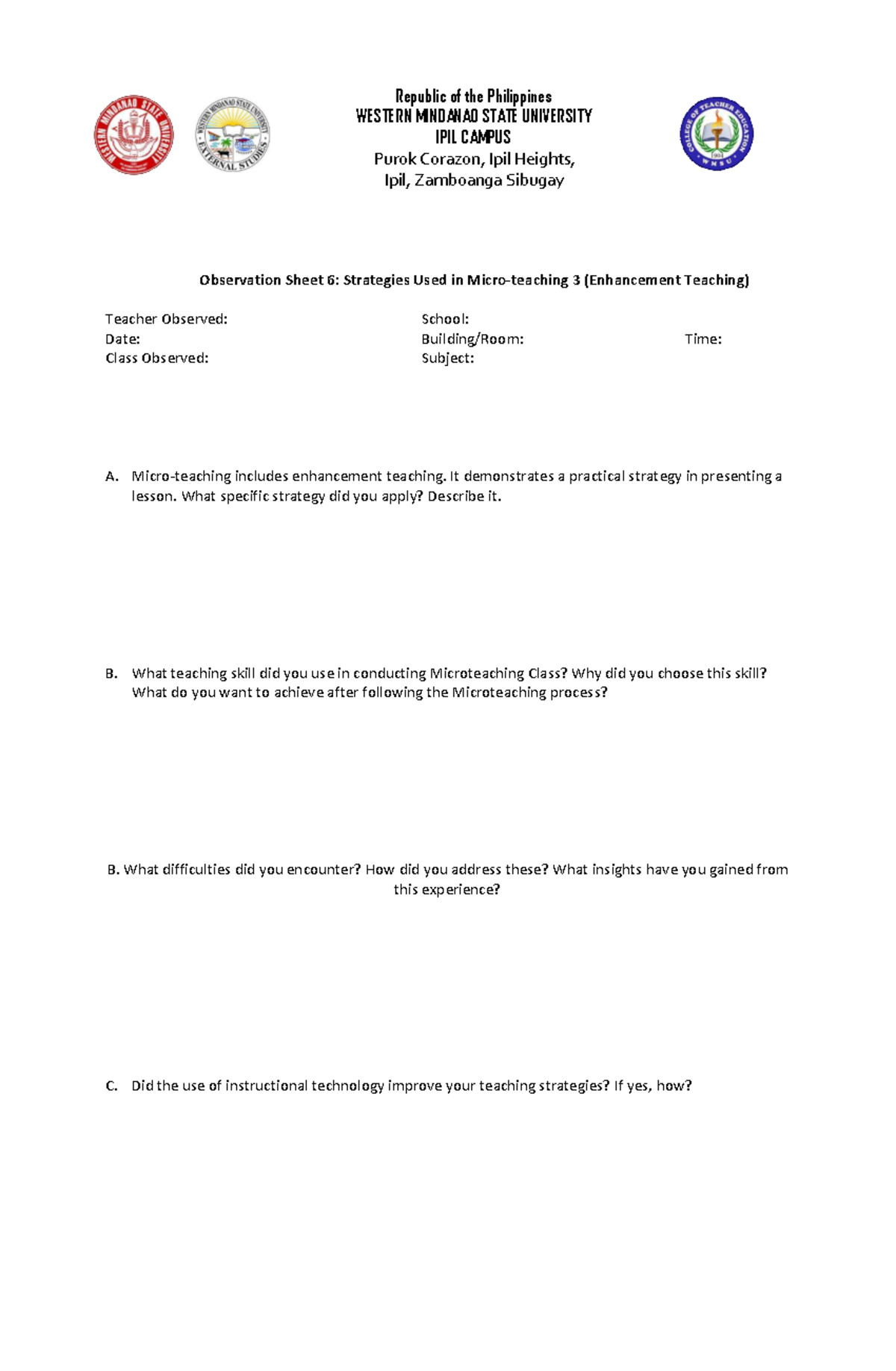 Fs2 observation sheets 6-12: Strategies and skills in teaching ...