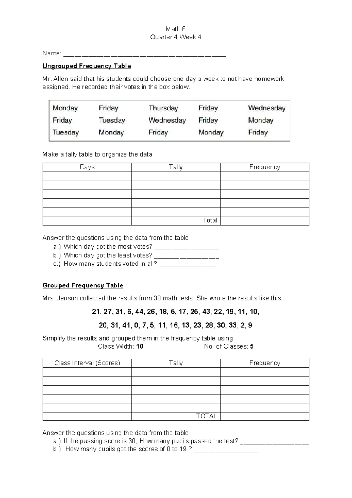 Math 6 Q4 Frequency Table Worksheet: Ungrouped & Grouped Data Analysis ...