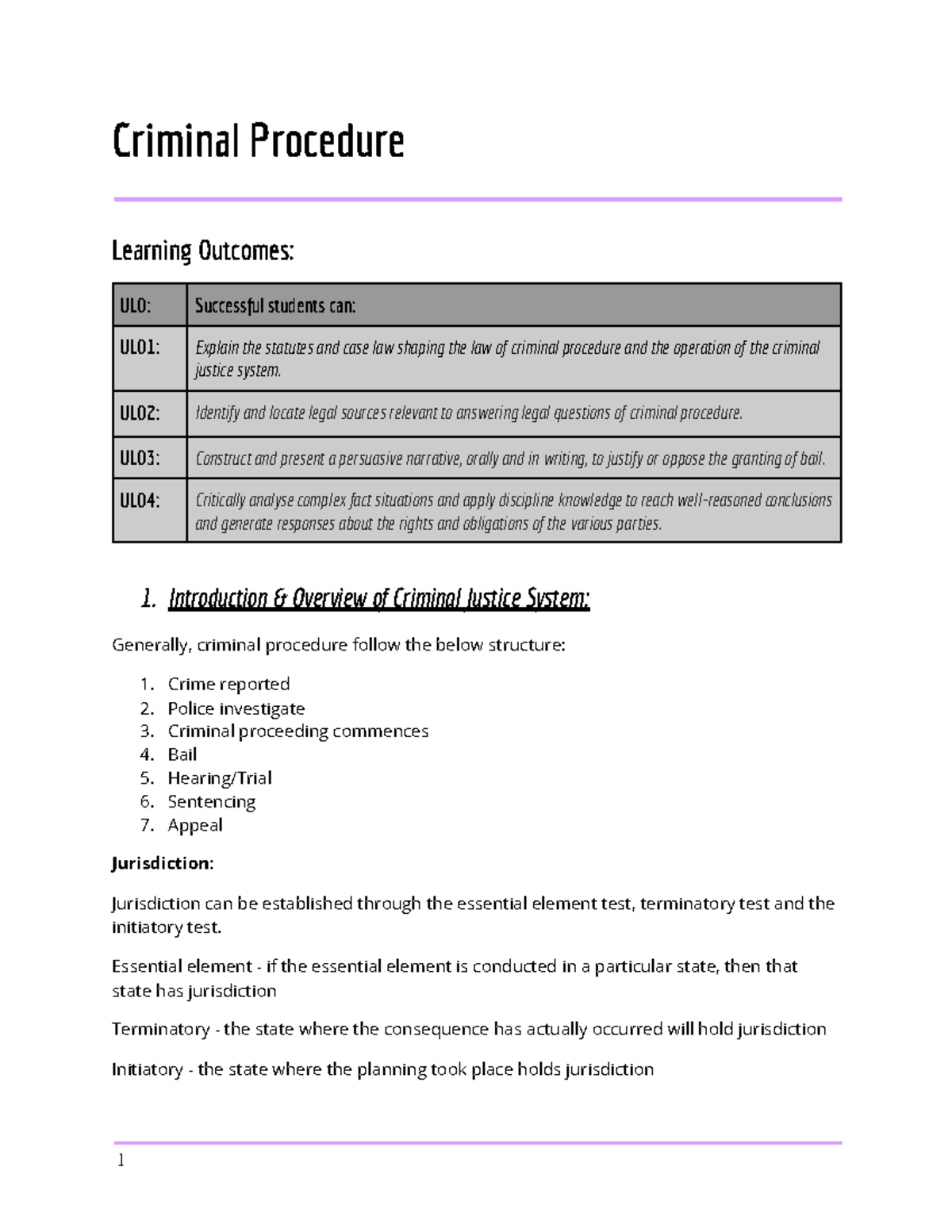 Criminal Procedure - Notes - Criminal Procedure Learning Outcomes: ULO ...
