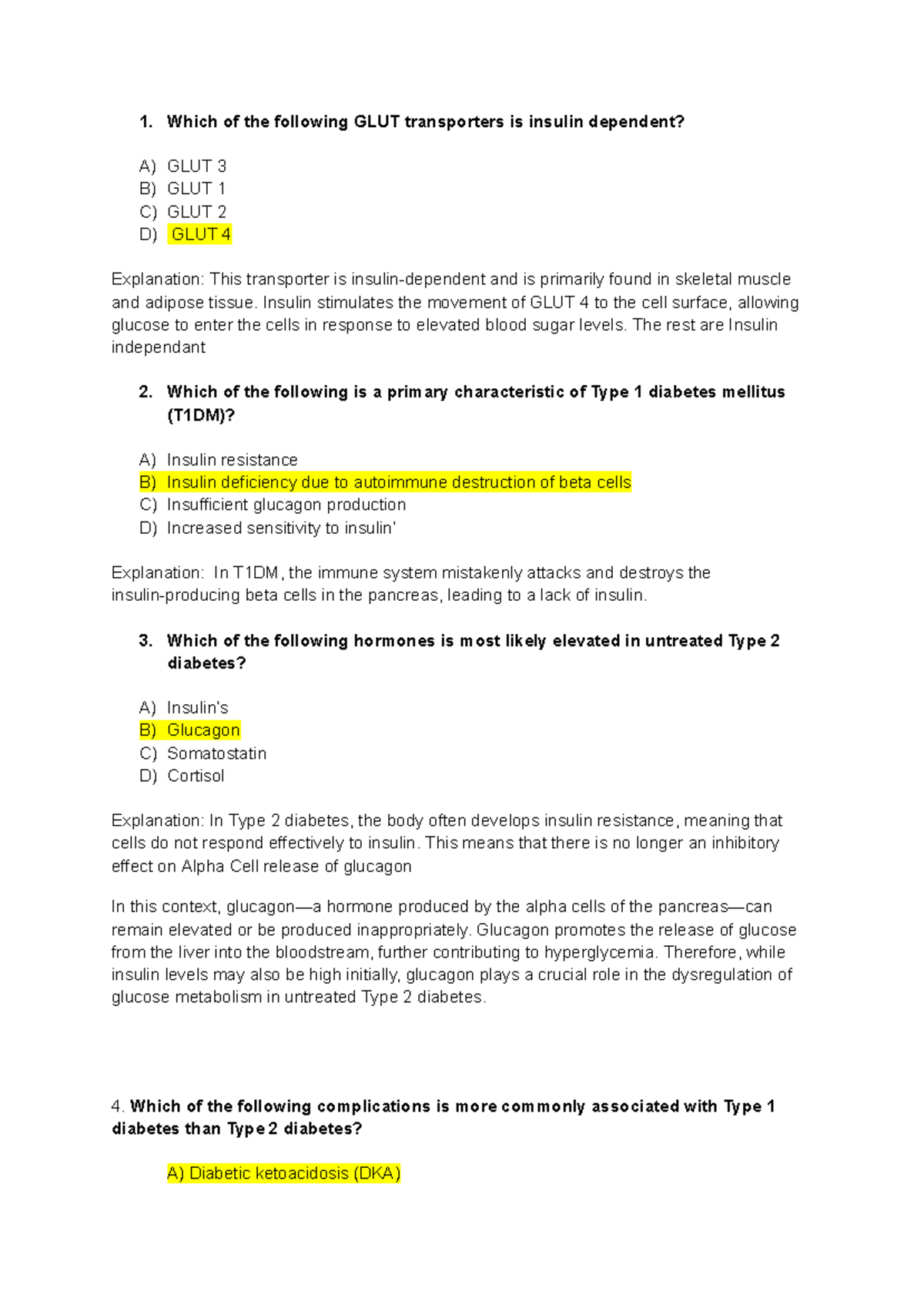 Diabetes Questions and Answers: Key Concepts and Insights - Studocu