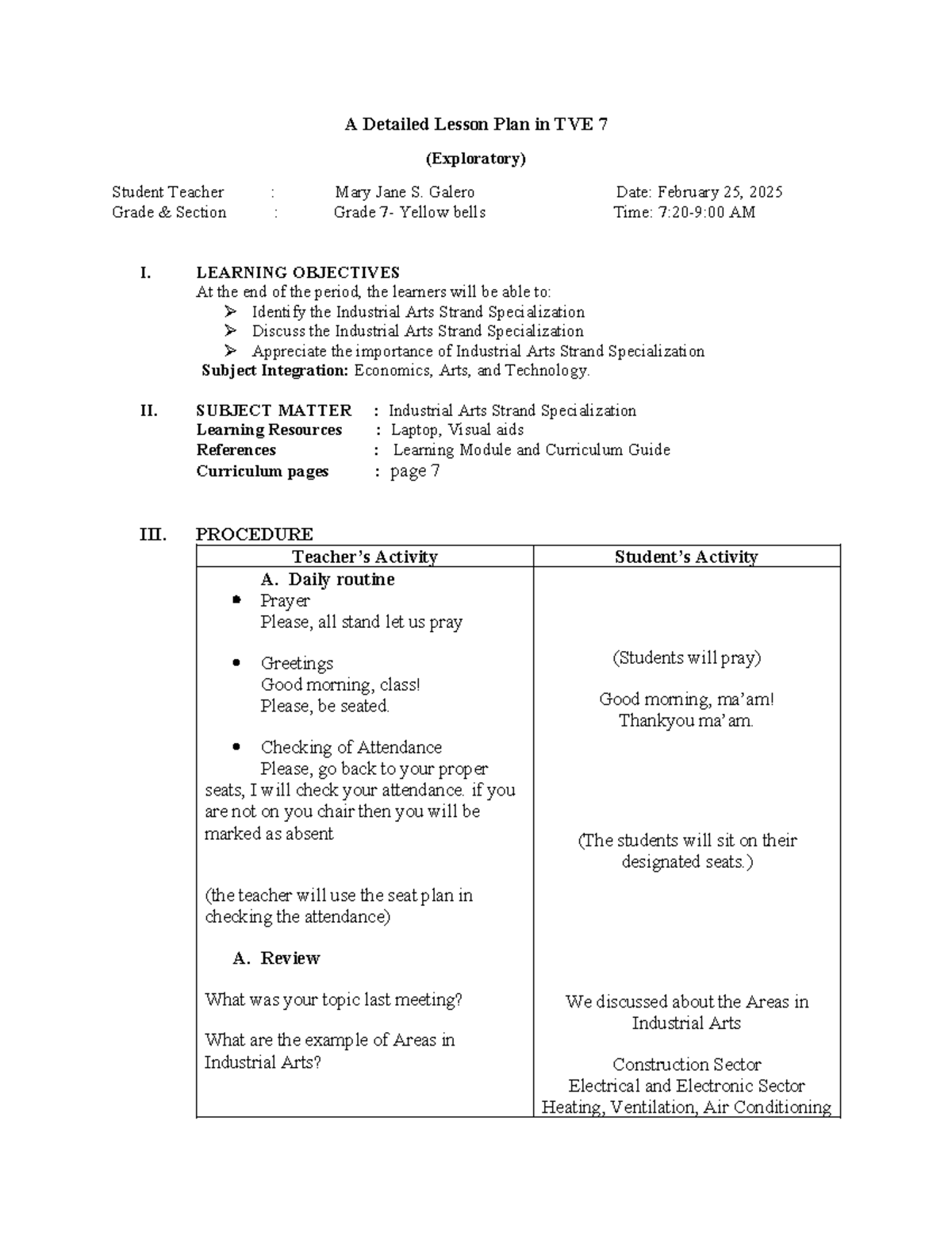 A Comprehensive Lesson Plan for TVE 7 - Yellowbells (Industrial Arts ...