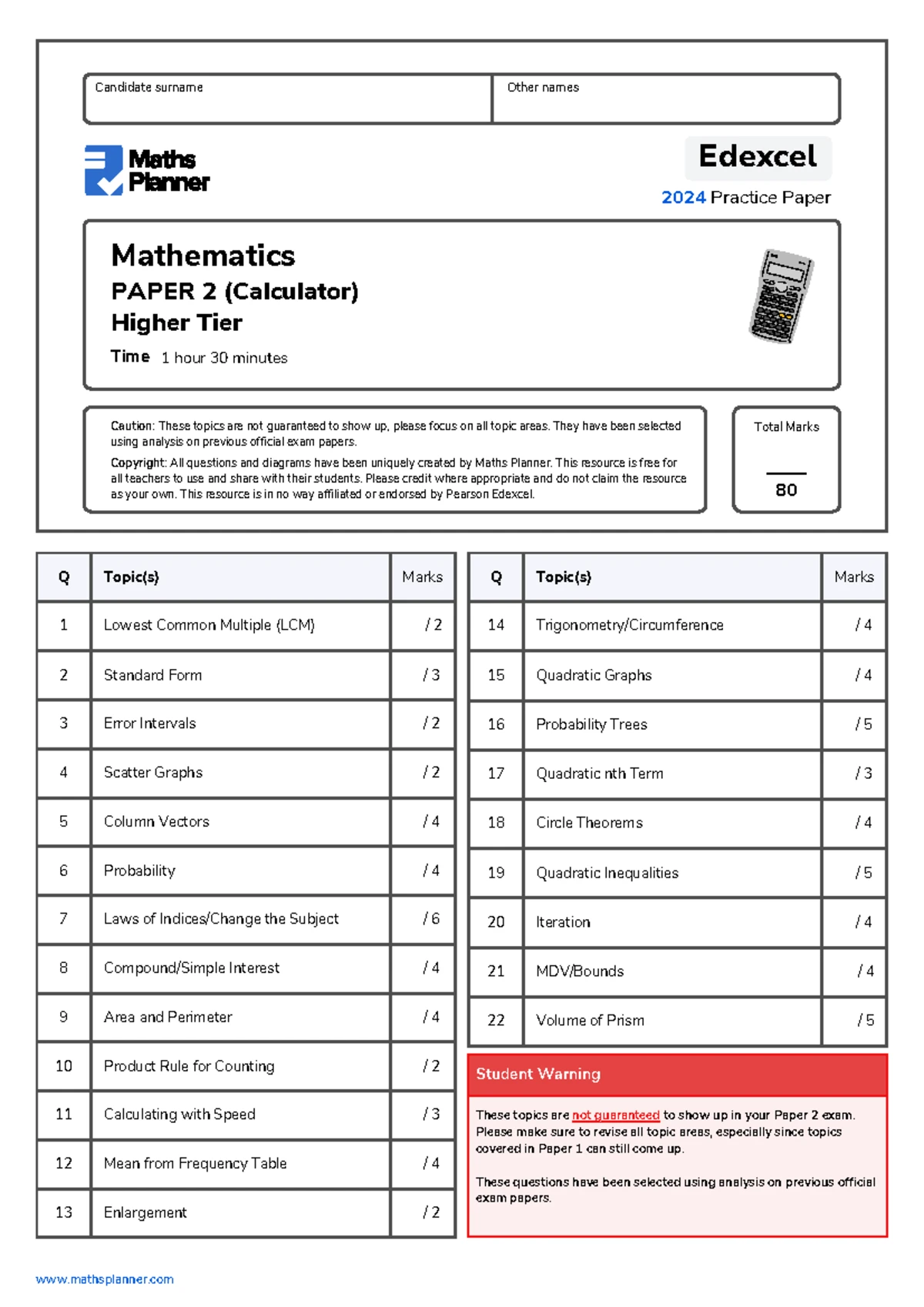 Edexcel 2024 Mathematics Paper 2 Higher Practice Paper 2 Guide - Studocu
