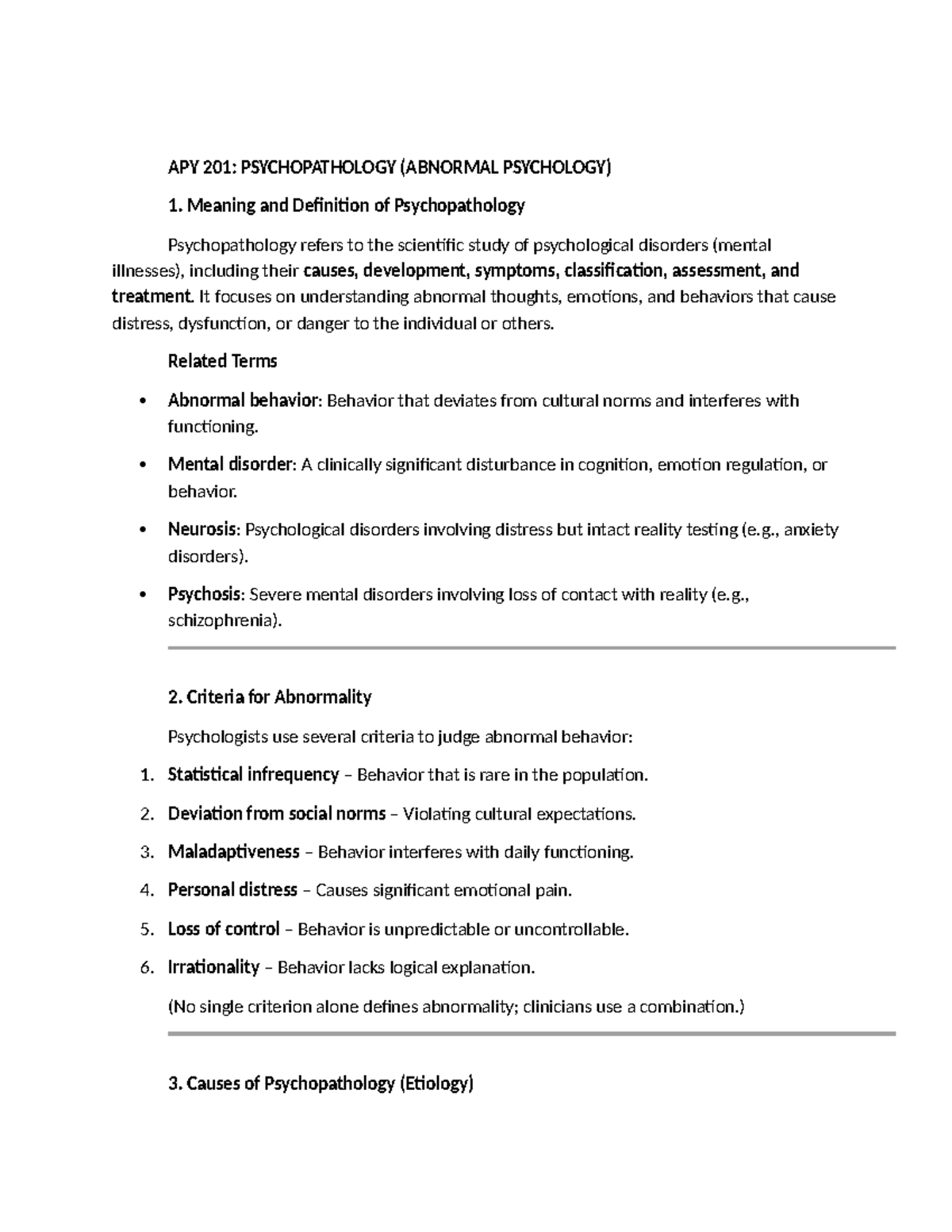 APY 201: Understanding Psychopathology and Its Implications - Studocu