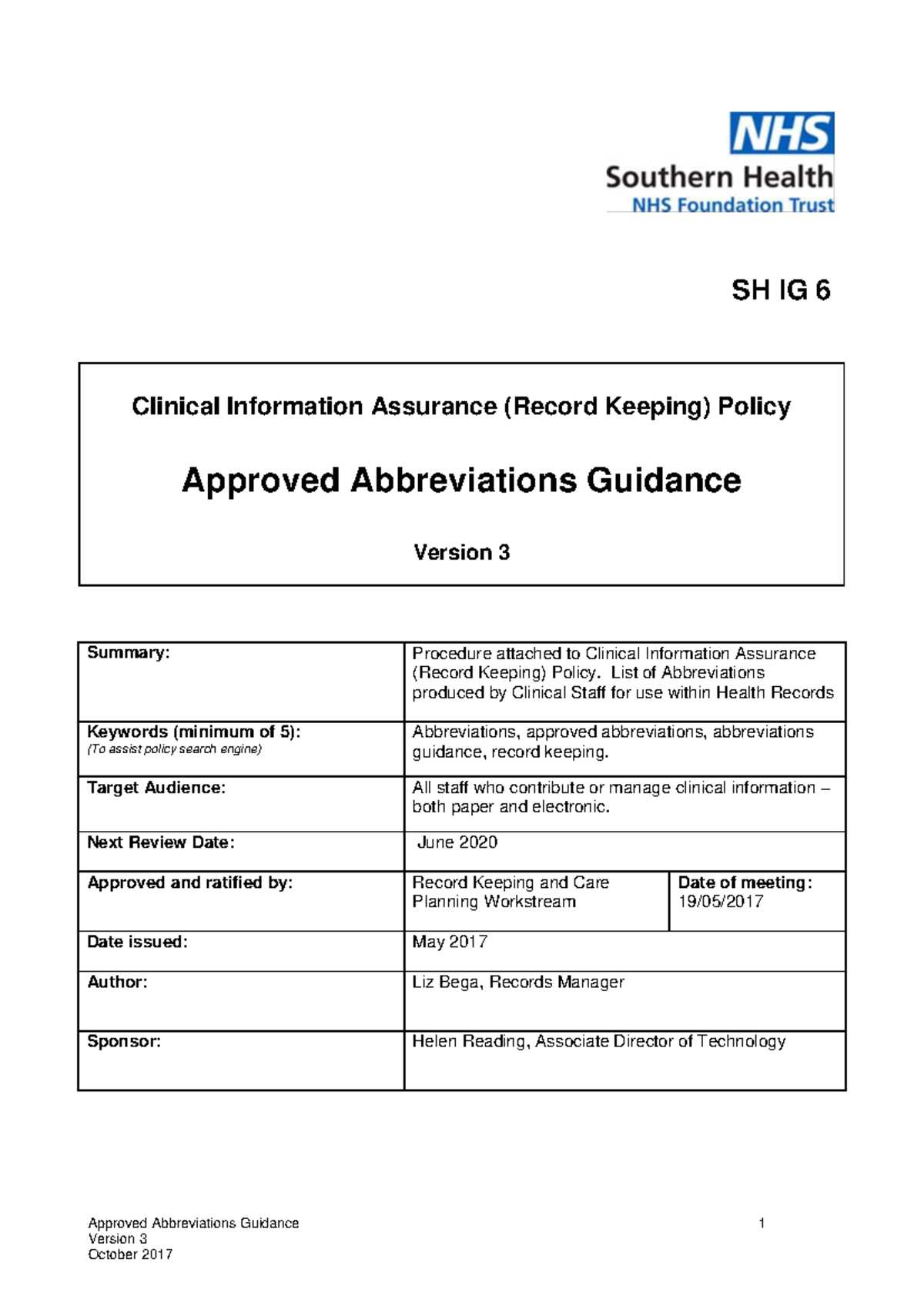 SH IG 6 Approved Abbreviations Guidance V3 - Clinical Record Keeping ...