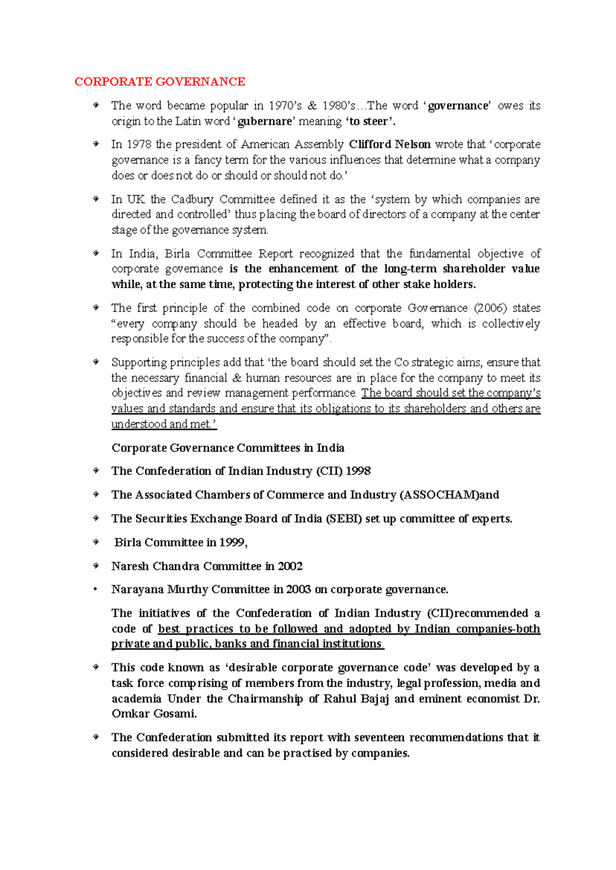 CORPORATE GOVERNANCE: Key Principles and Committees (Module-1) - Studocu