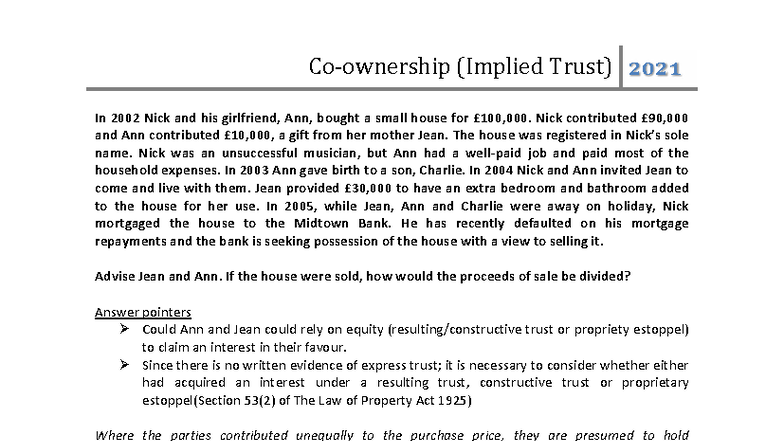 Implied Trust Analysis: Nick, Ann, and Jean's Property Dispute (2021 ...