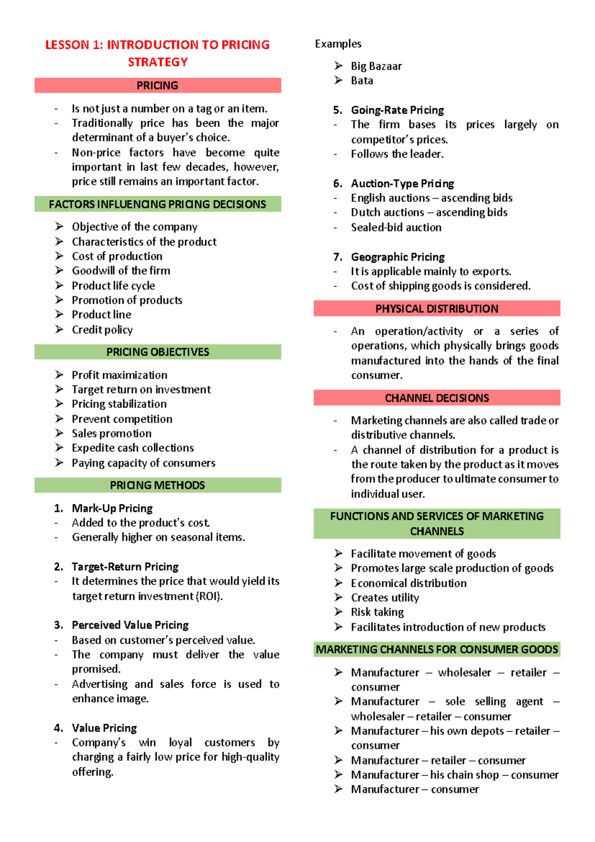 Pricing Strategy Lesson Notes (Course Code: PRC101) - Studocu