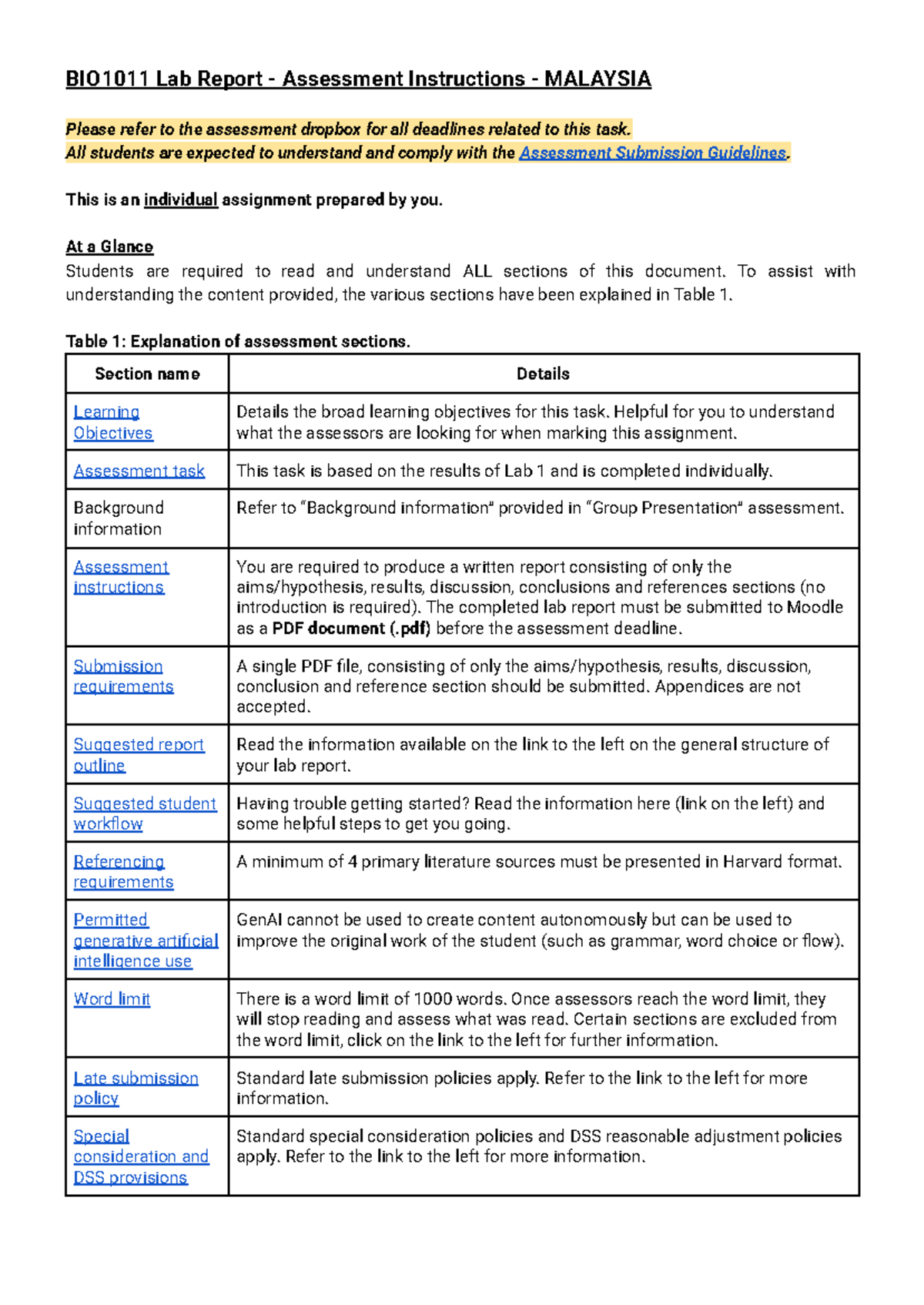 BIO1011 Lab Report Guidelines: Assessment Instructions for Malaysia ...