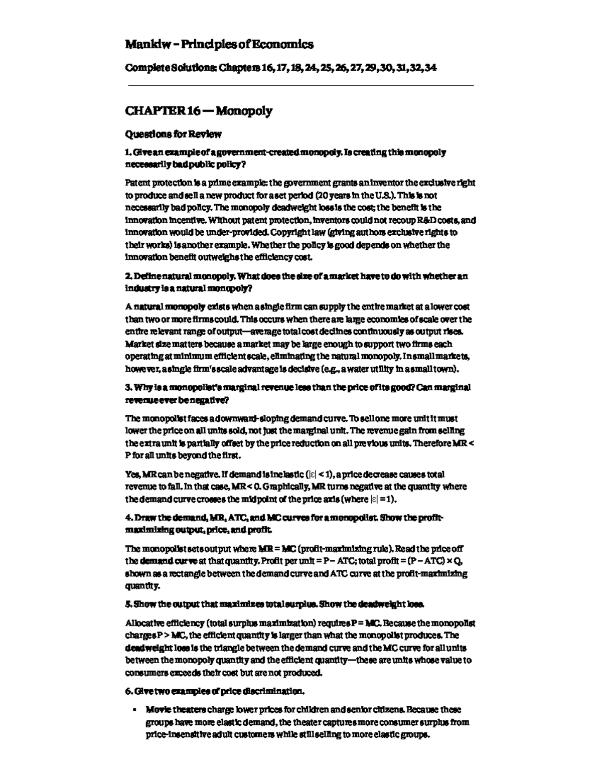 Mankiw Principles of Economics Solutions: Chapters 16-34 Review ...