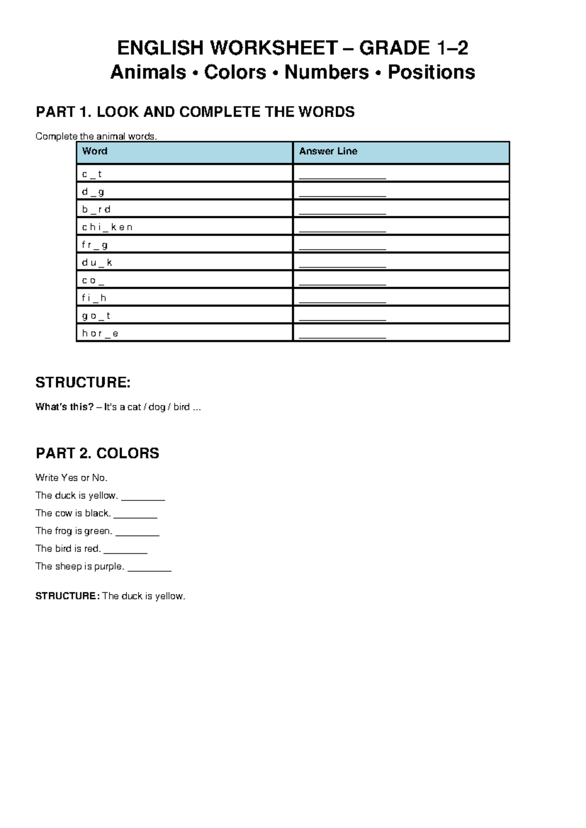 ENGLISH WORKSHEET GRADE: Animal Color & Position Worksheet Part 1 - Studocu