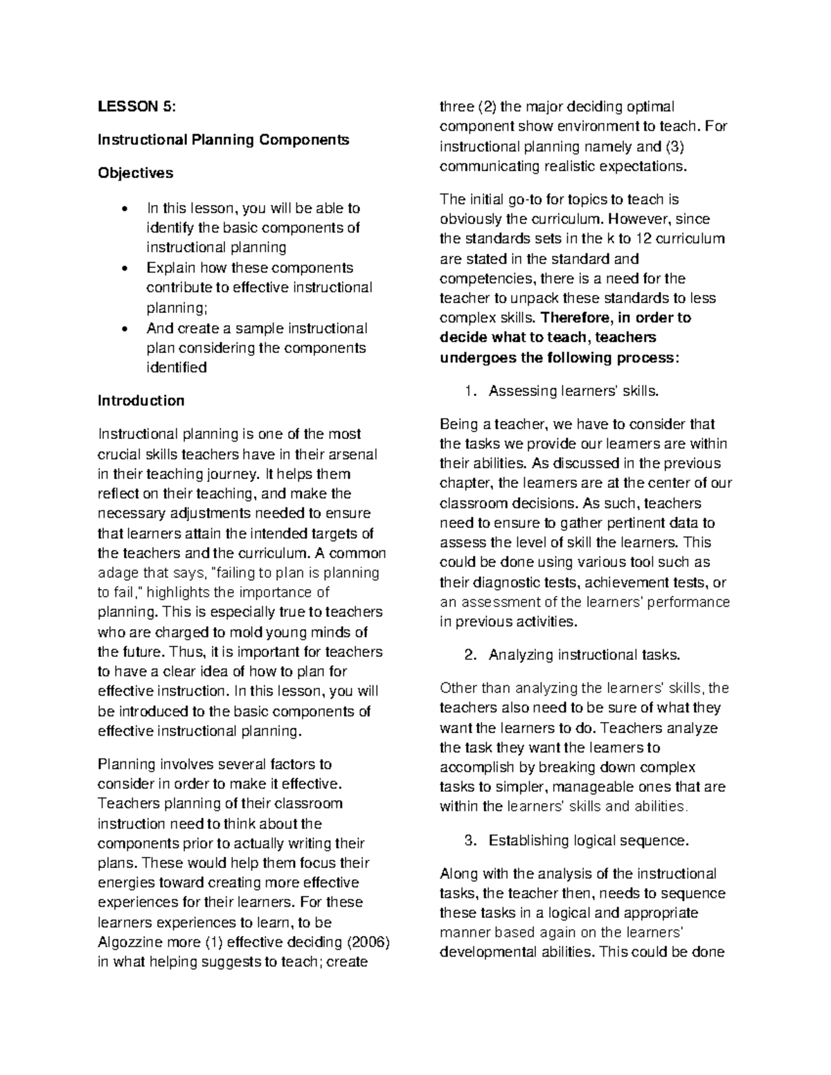 Lesson 5: Instructional Planning Components in Language Arts (AR-7 ...