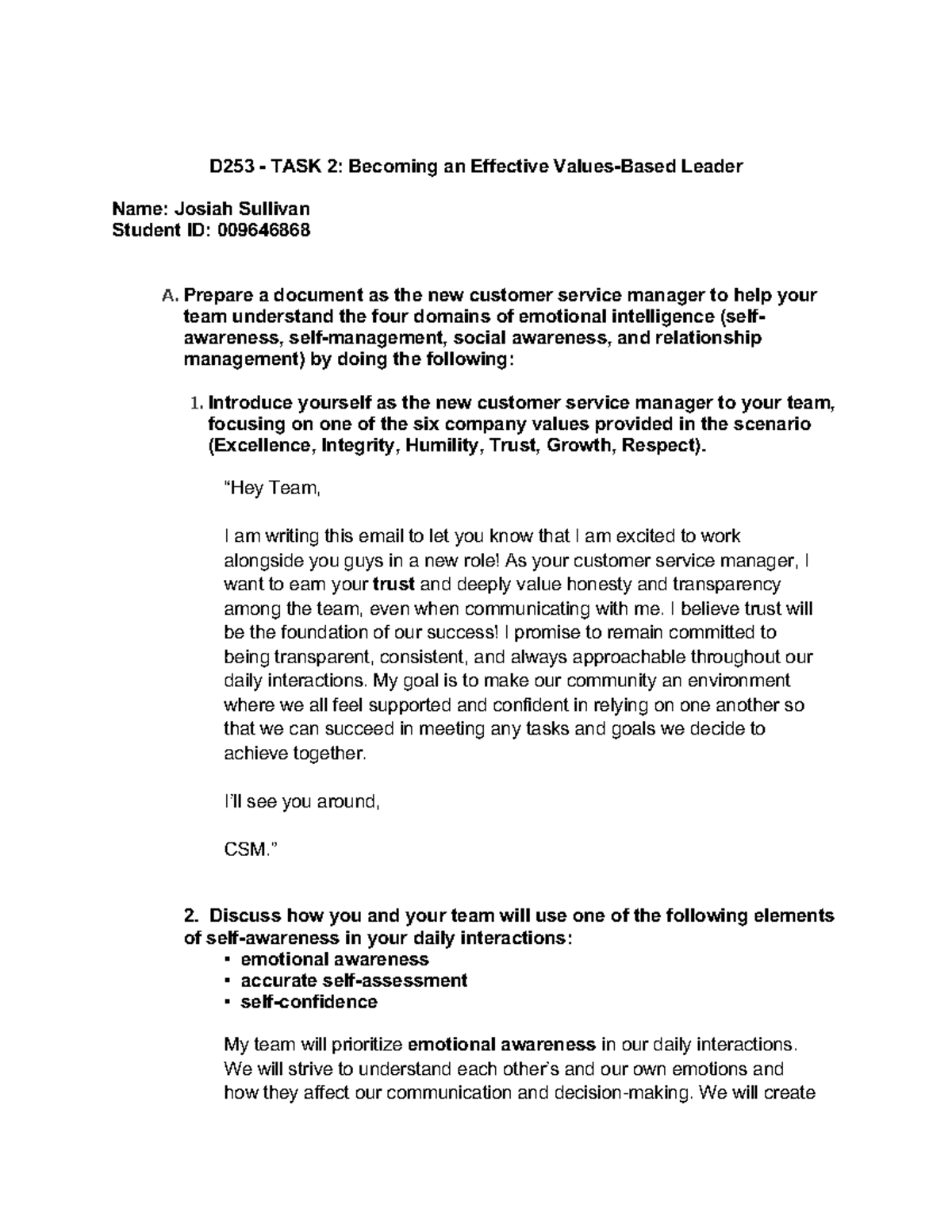 D253 Task 2: Values-Based Leadership & Emotional Intelligence Framework - Studocu