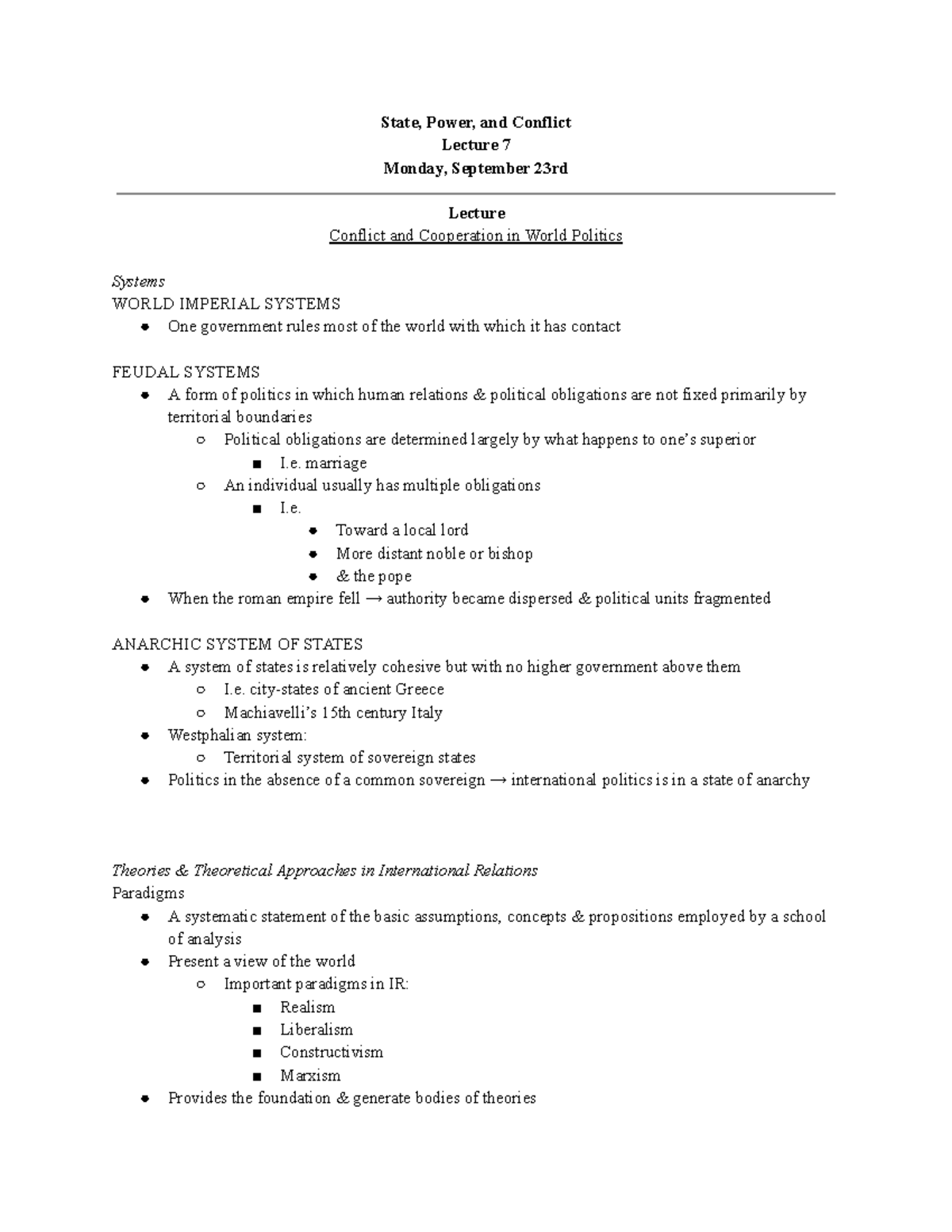 Lecture 7 Notes: Conflict & Cooperation in World Politics (spc ...