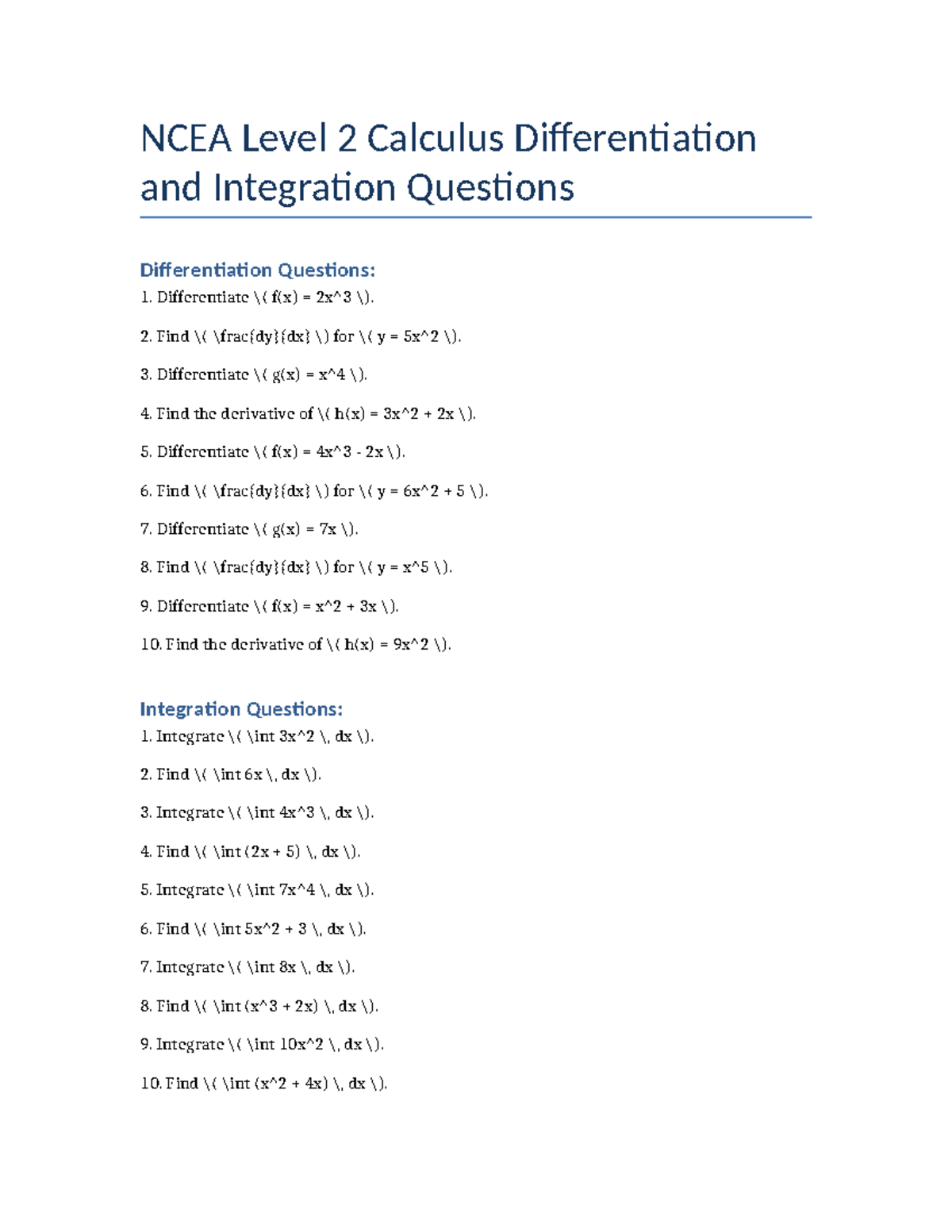 NCEA Level 2 Calculus: Differentiation & Integration Q&A - Studocu