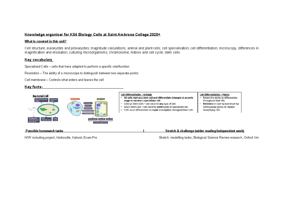 Year 9 Biology Cells - Knowledge organiser for KS4 Biology Cells at ...