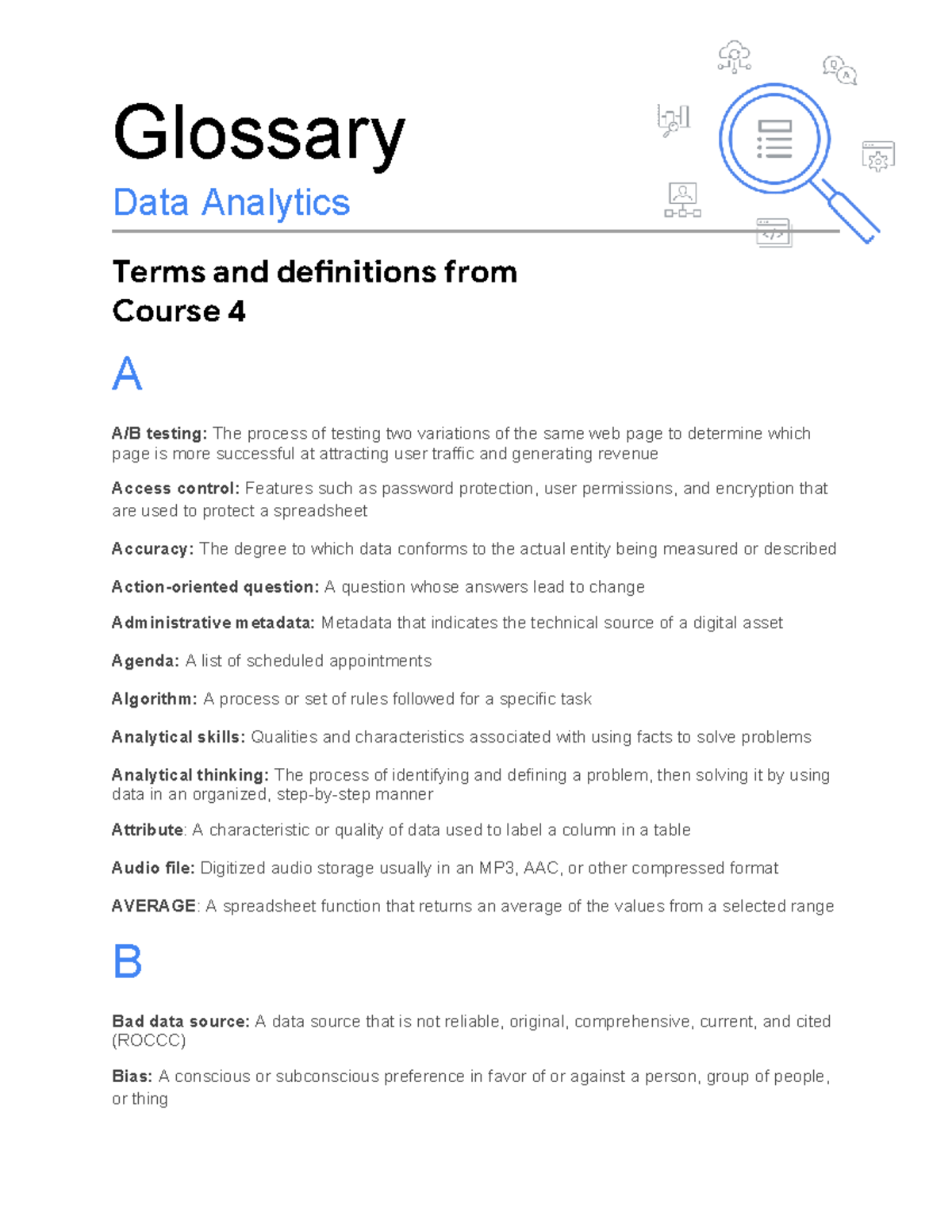 Course 4 Glossary: Key Data Analytics Terms and Definitions - Studocu
