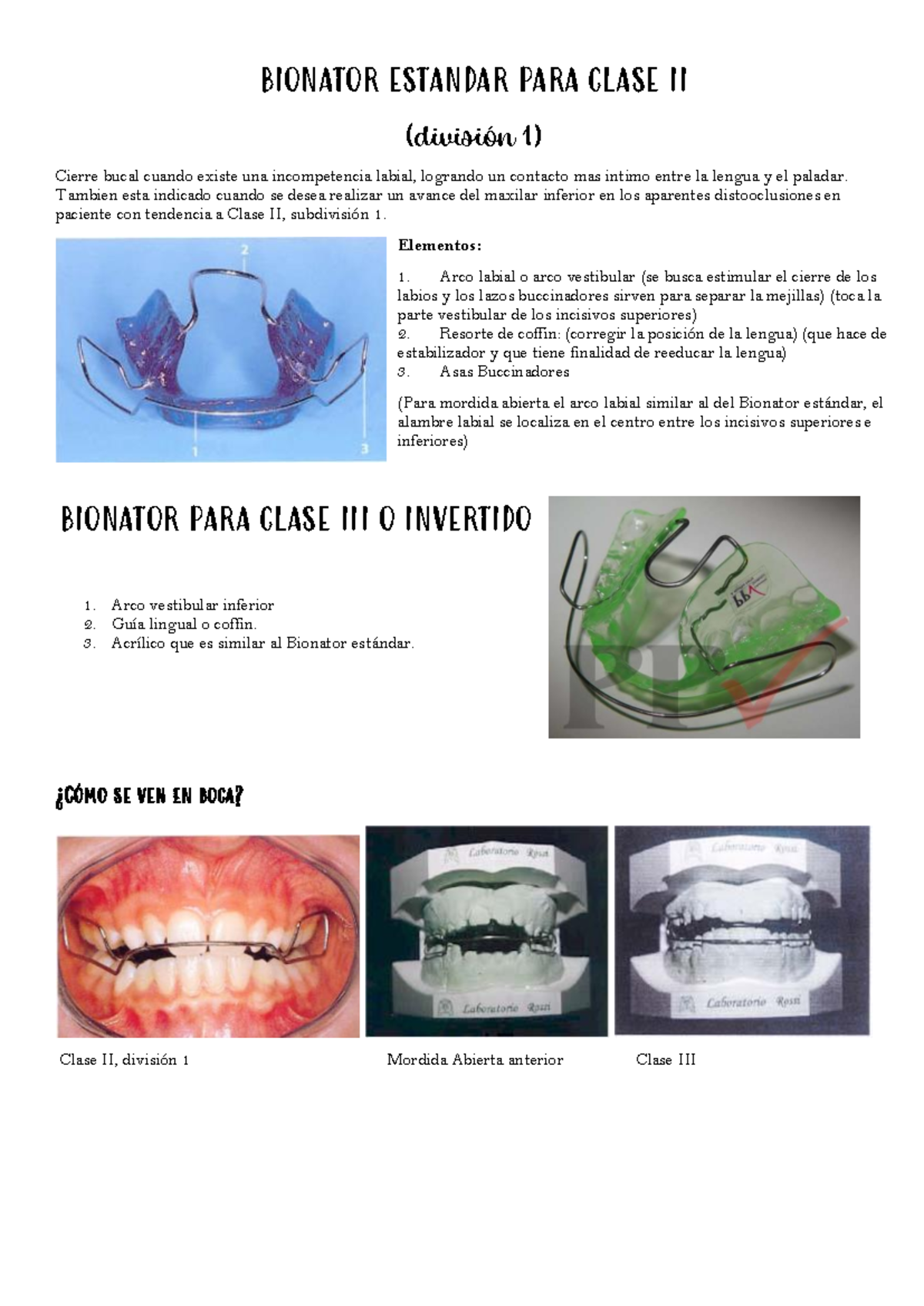Bionator Estándar y Clase III: Estructura y Función en Ortodoncia - Studocu