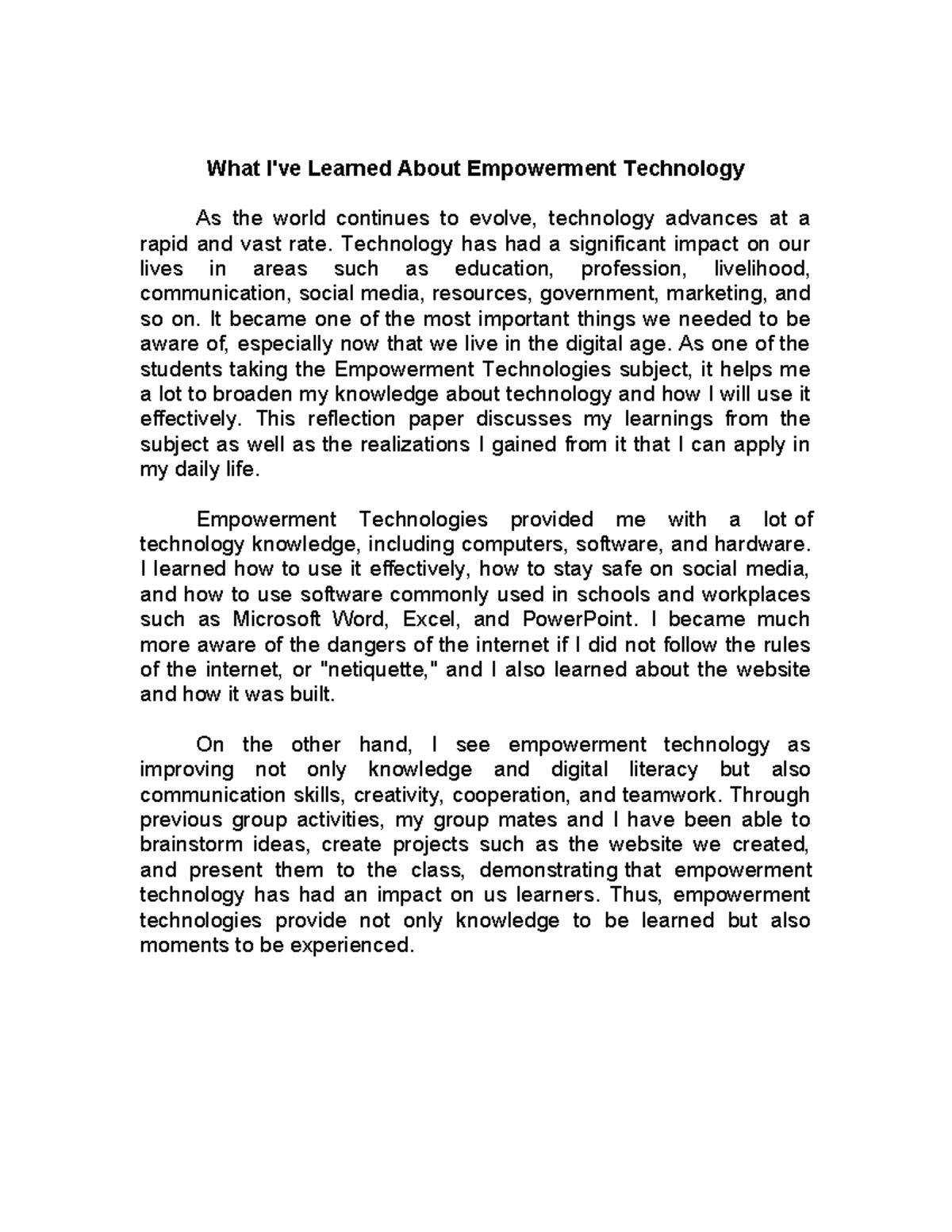 Empowerment Technologies Reflection: Insights & Learning Journey - Studocu