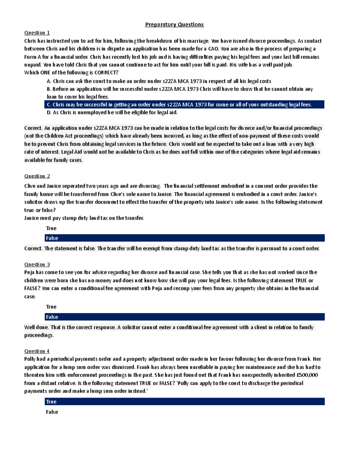 Unit 4 Workshop: MCQs on Family Law and Financial Orders - Studocu