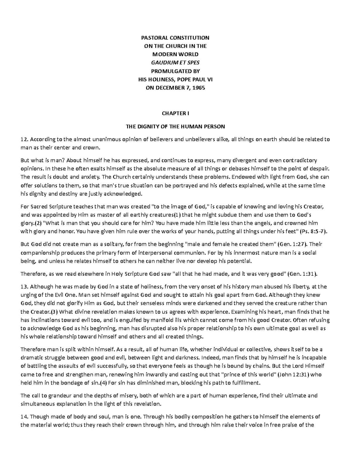 Dignity of the Human Person: Insights from Gaudium et Spes (CH. I ...