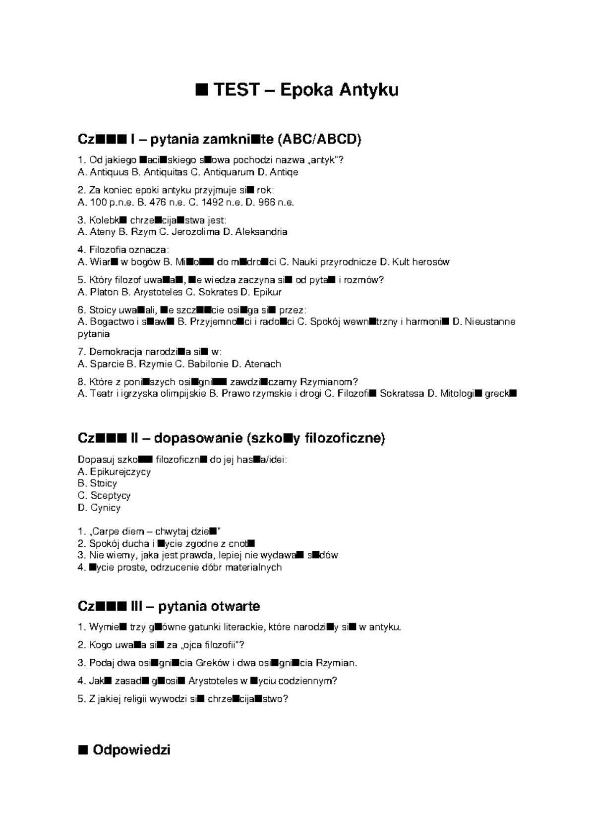 Test Antyk - Pytania i Odpowiedzi do Epoka Antyku - Studocu
