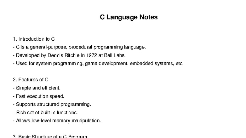 C Language Notes: Introduction, Features, and Basics - Studocu