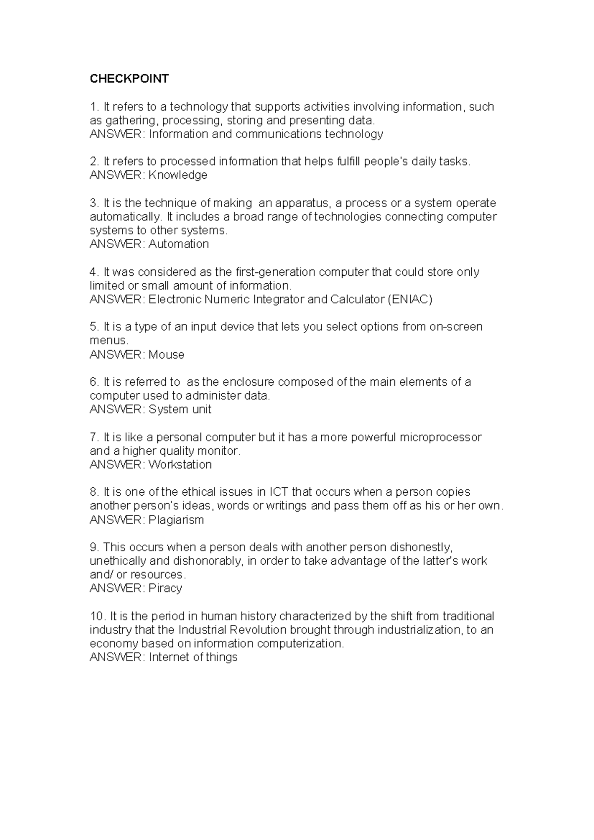 IT Era Checkpoint 1: Key Concepts in ICT and Automation - Studocu