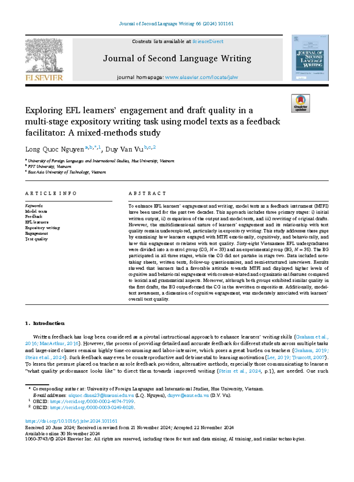 Exploring EFL Learners' Engagement and Draft Quality in Writing Tasks ...
