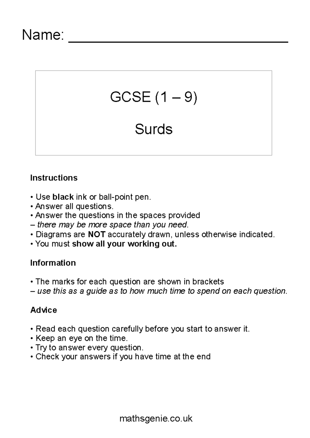 GCSE (1 9) Surds Homework Questions and Instructions - Studocu
