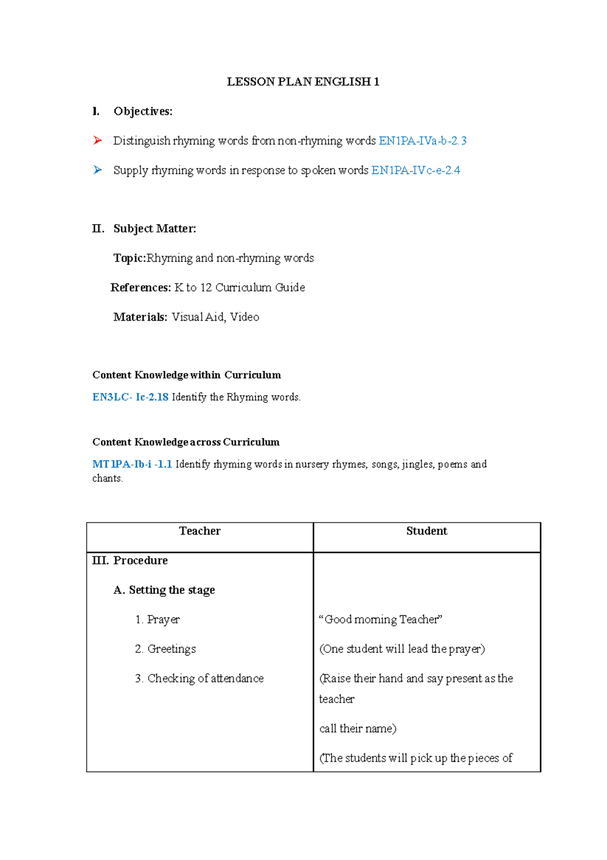 Lesson PLAN English 1 - LESSON PLAN ENGLISH 1 I. Objectives ...
