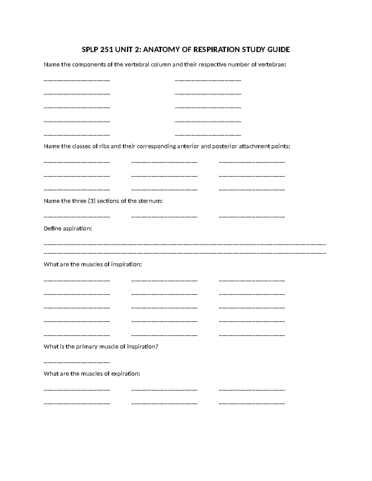 SPLP 251 UNIT 2 STUDY GUIDE: RESPIRATORY ANATOMY COMPONENTS - Studocu