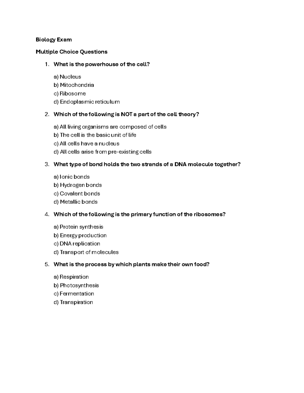 Biology-QUIZ-1 - Biology Exam Multiple Choice Questions 1. What is the ...