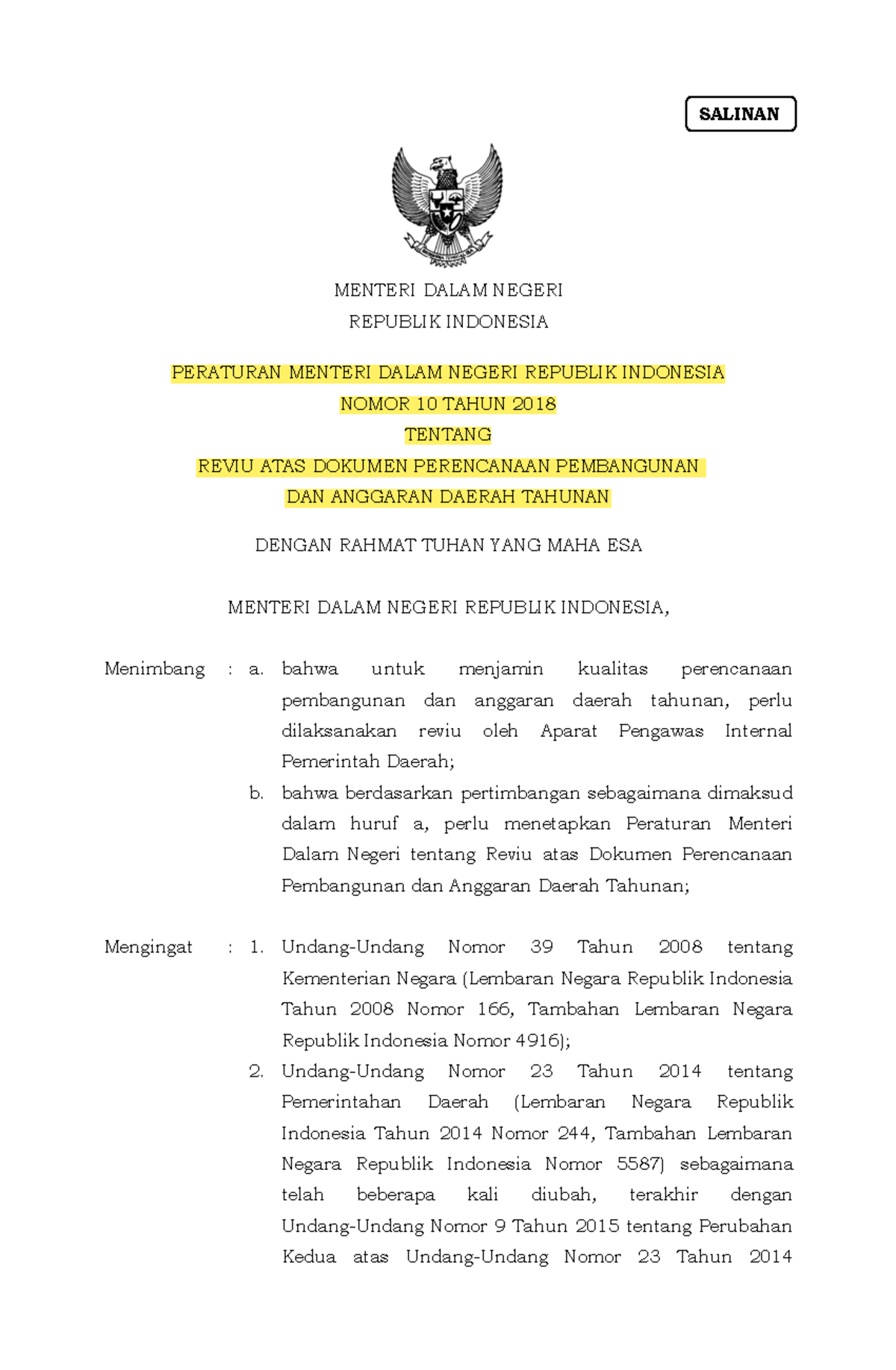 Permendagri No.10 Tahun 2018: Reviu Dokumen Pembangunan & Anggaran ...