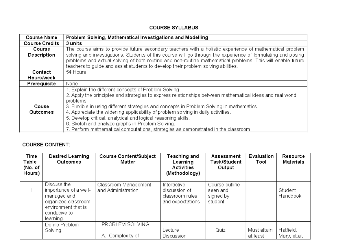 Problem Solving, Mathematical Investigations & Modelling (MATH101 ...