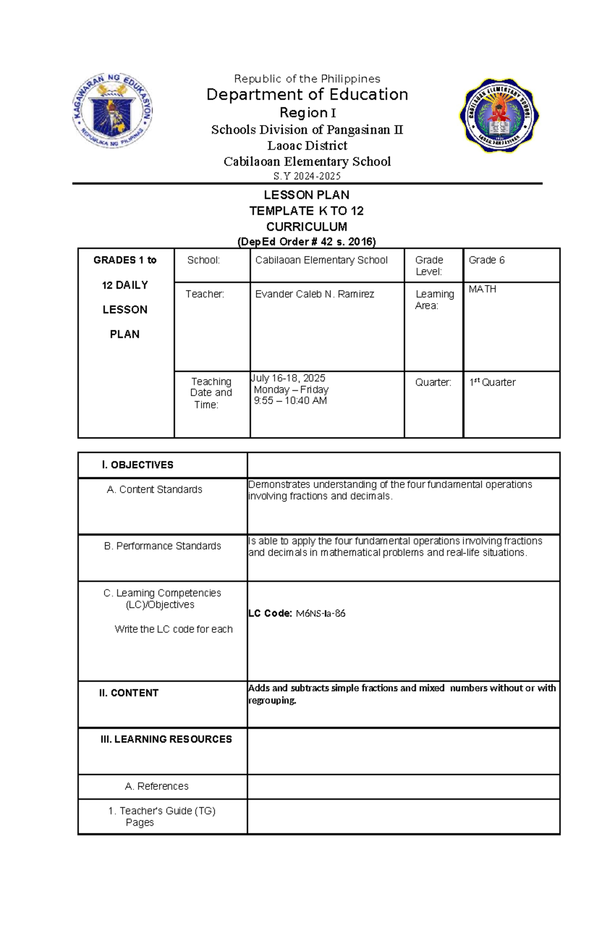 Math Q1W1: Grade 6 Lesson Plan on Fractions & Decimals - Studocu
