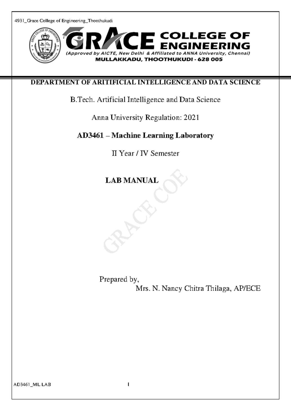 AD3461_ML Lab Manual: Machine Learning Experiments and Implementation ...