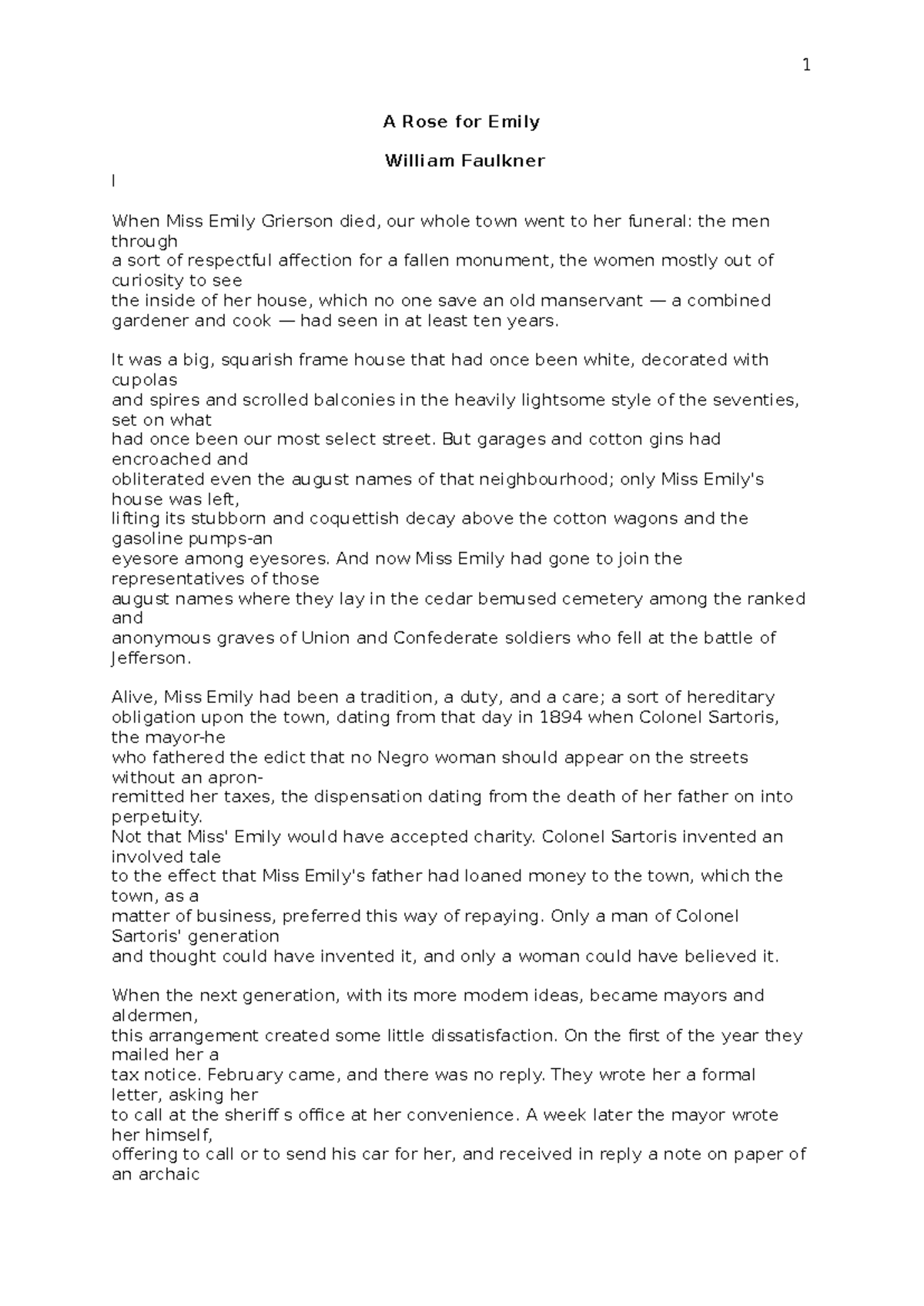 A Rose for Emily (ENG 101) - Analysis and Discussion Questions - Studocu