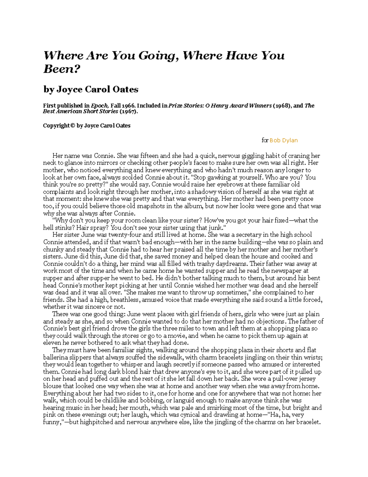 "ENG 310: Analysis of Joyce Carol Oates' 'Where Are You Going, Where ...