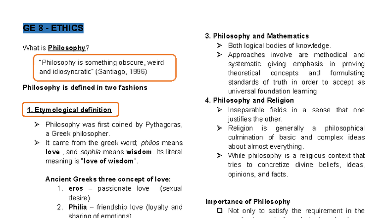 GE 8 ETHICS: Understanding Philosophy and Its Moral Implications - Studocu