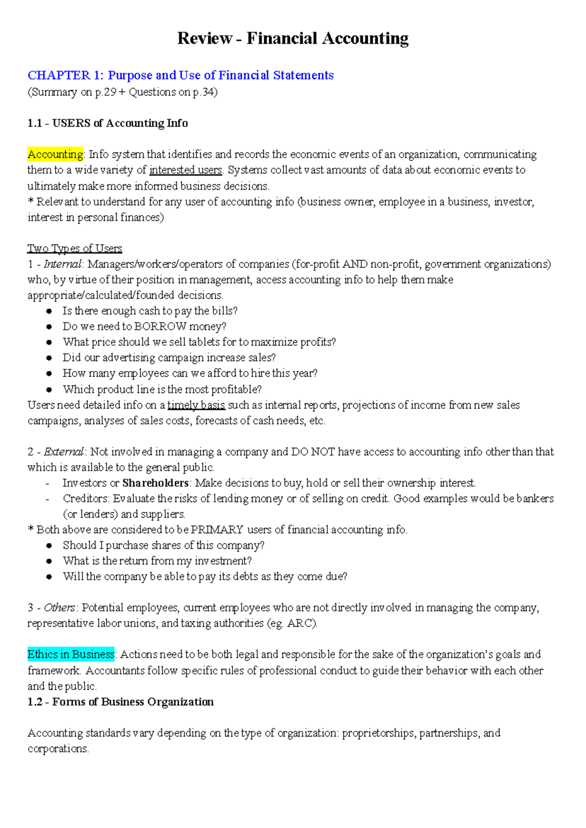 Accounting Notes - Part I - Review - Financial Accounting CHAPTER 1 ...