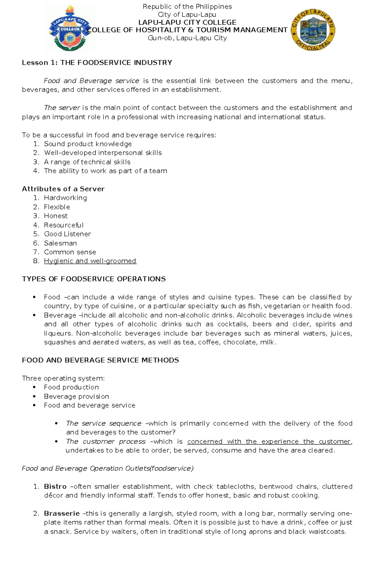 CITY COLLEGE HOSPITALITY MANAGEMENT Prelim Module: Foodservice Industry ...