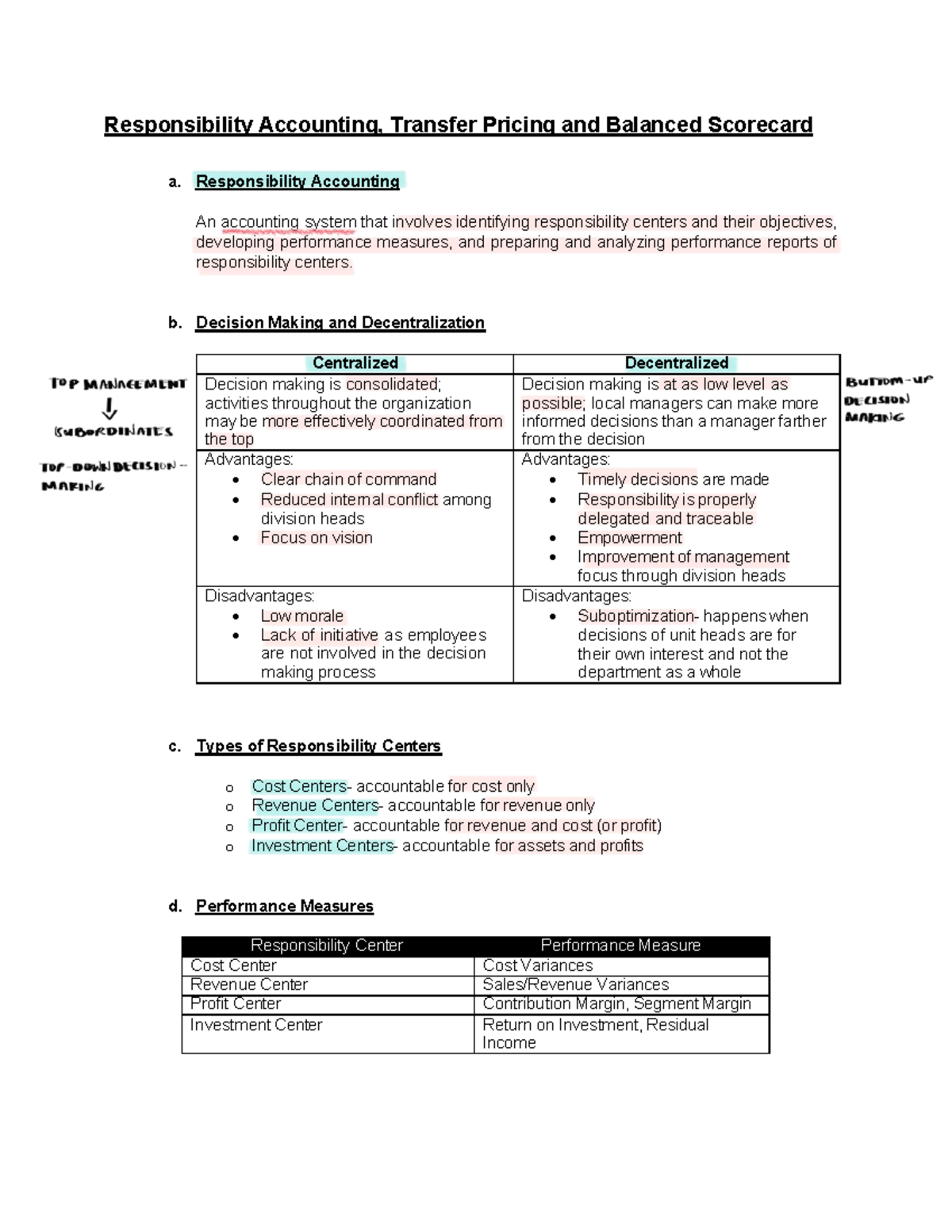Responsibility Accounting, Transfer Pricing & Balanced Scorecard (ACCT ...